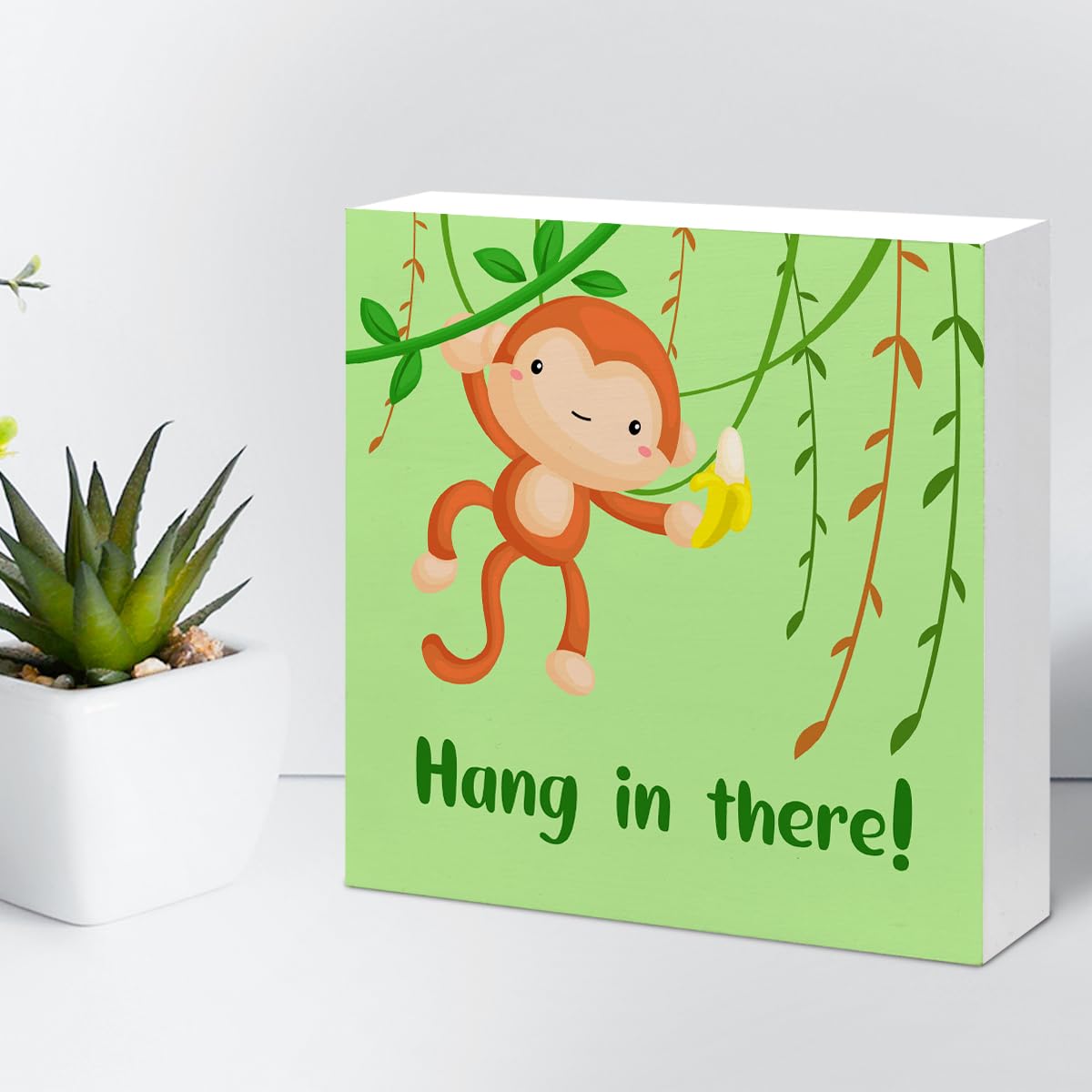 Hang in There Monkey Hanging on Tree Wood Block Sign Desk Decor,Cute Baby Monkey Woodland Animals Wooden Box Plaque Sign Desk Decor for Nursery Kids Bedroom Playroom Classroom Decorations