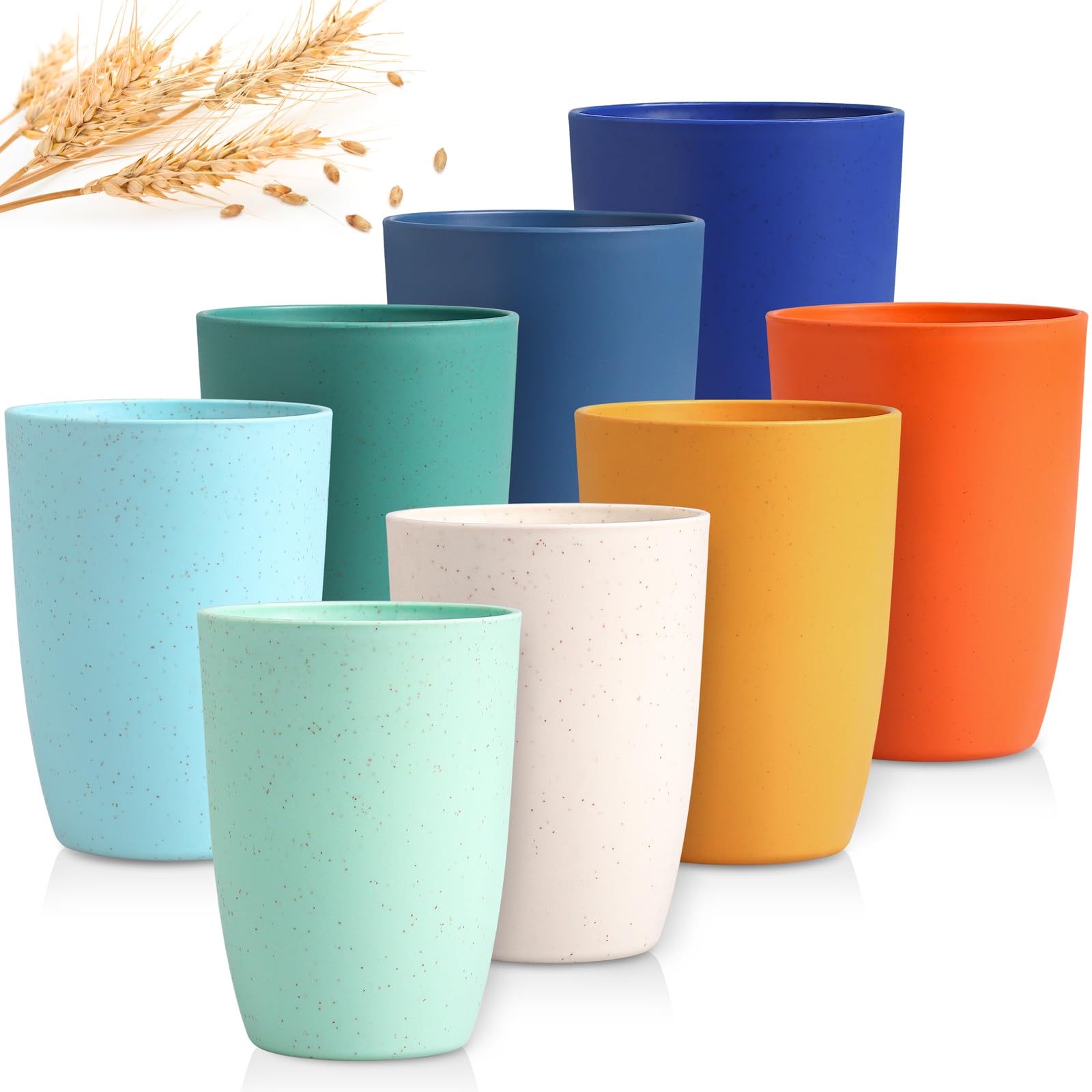 GENLGE Plastic Drinking Cups Reusable 12 OZ, Wheat Straw Cups Unbreakable Cups for Kitchen - BPA Free Cups Dishwasher Safe Plastic Tumbler Cups Set of 8