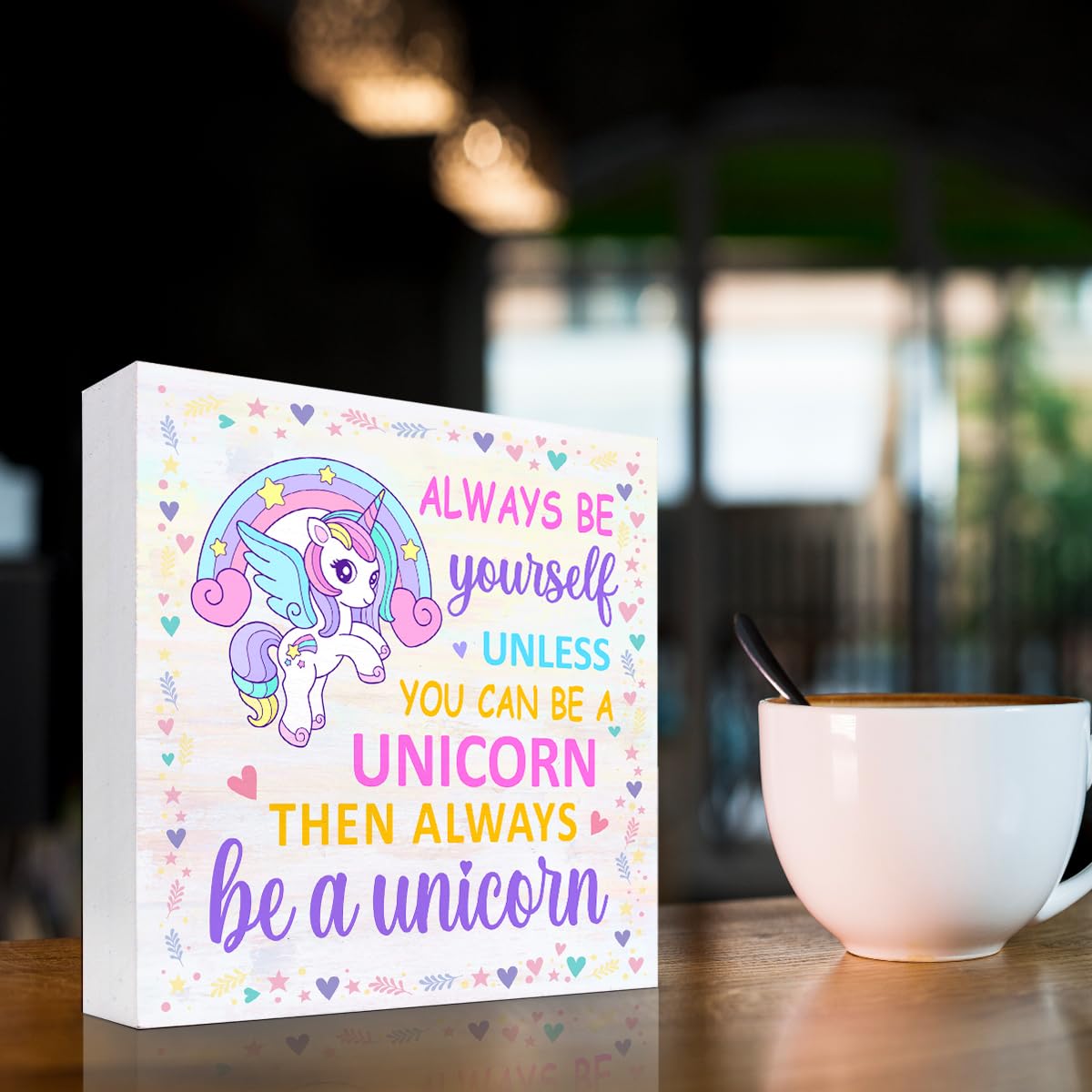 Always Be Yourself Unless You Can Be a Unicorn Inspirational Wood Block Sign Desk Decor,Cute Unicorn Wooden Box Plaque Sign Desk Decor for Nursery Girls Room Bedroom Playroom Decorations