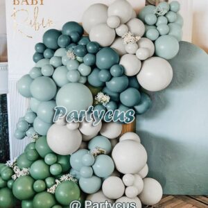 Dusty Blue and Green Balloon Garland - Double Stuffed Sage Green Teal White Matte Balloons Olive Slate Blue Boho Balloon Arch Kit for Baby Shower Neutral Birthday Bridal Party Decoration