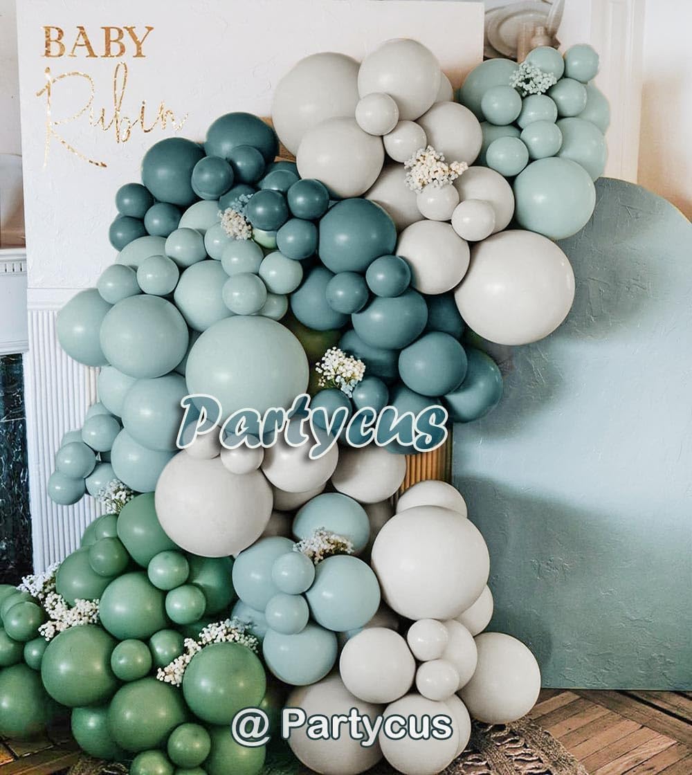 Dusty Blue and Green Balloon Garland - Double Stuffed Sage Green Teal White Matte Balloons Olive Slate Blue Boho Balloon Arch Kit for Baby Shower Neutral Birthday Bridal Party Decoration