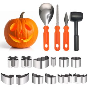 ahcsmre 16pcs pumpkin carving kit halloween pumpkin carving tools set,heavy duty stainless steel carving stencils with hammer,safe and professional pumpkin carving tool for kids and adults