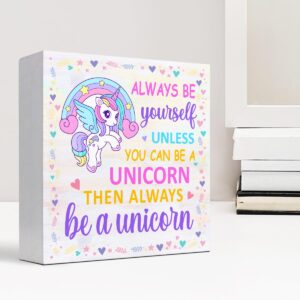 Always Be Yourself Unless You Can Be a Unicorn Inspirational Wood Block Sign Desk Decor,Cute Unicorn Wooden Box Plaque Sign Desk Decor for Nursery Girls Room Bedroom Playroom Decorations