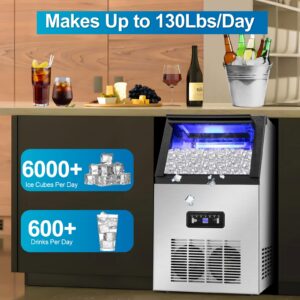 Commercial Ice Maker Machine 130Lbs/24H with 2 Water Inlet Modes, 36Pcs Ice Cubes in 8-15 Mins, Stainless Steel Under Counter/Freestanding Ice Machine with 28Lbs Storage Bin for Home/Shop/Office/Bar