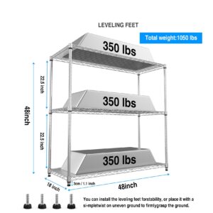 pouseayar 3 Tier NSF Metal Shelf Wire Shelving Unit, 1050lbs Capacity Heavy Duty Adjustable Storage Rack with Shelf Liners for Closet Kitchen Garage Basement, 48" H x 48" L x 18" D - Chrome