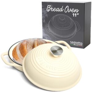 segretto cookware enameled cast iron bread pan with lid, 11” bianco perla (white) bread oven cast iron sourdough baking pan, dutch oven for bread