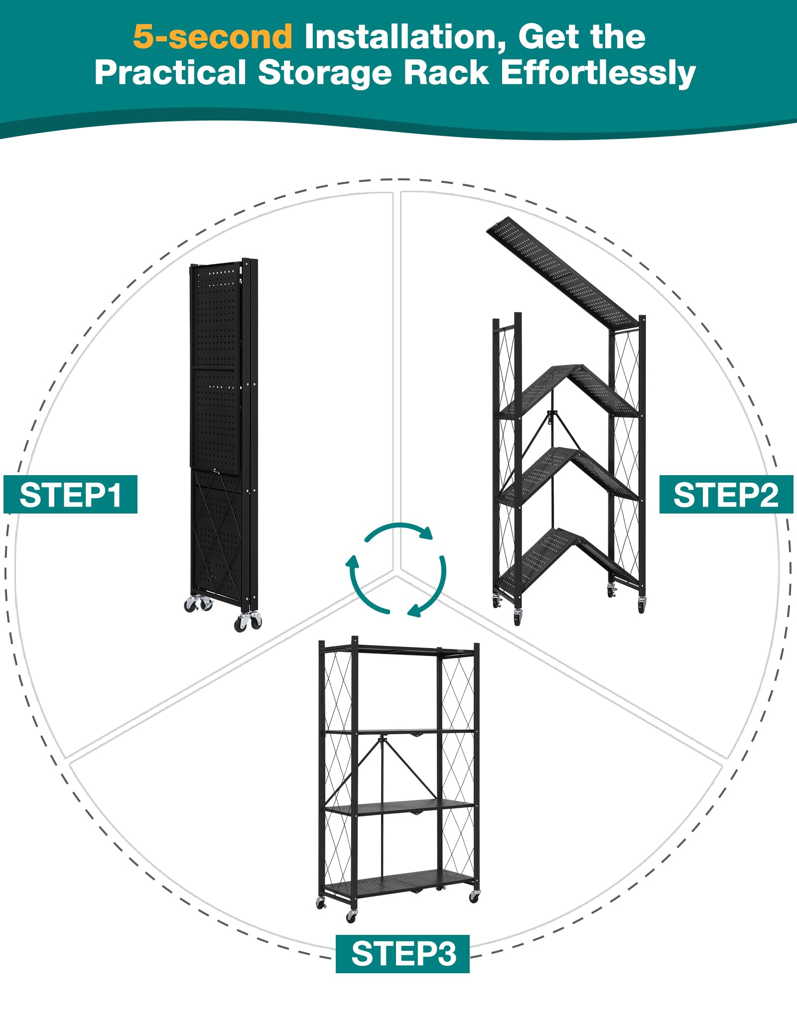 ALANNG Storage Shelves with Wheels, Bookshelf with Storage, No Assembly Metal Rack Shelf for Kitchen, Office, Laundry, Garage (4 Tier, Black)