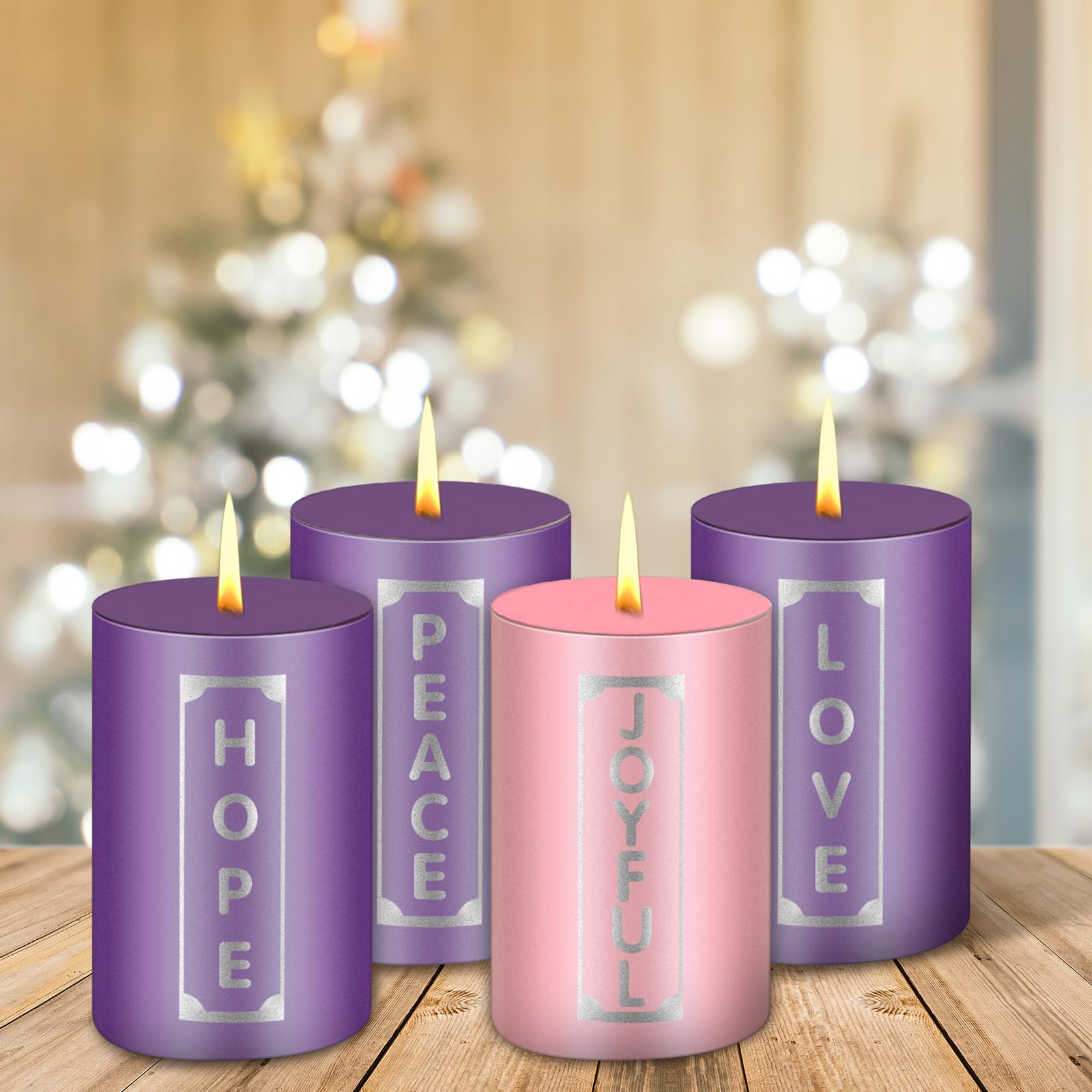 MTLEE Set of 4 Christmas Advent Candles with Words Pillar Candles Advent Wreath Candles for Adult Home Wedding Advent Rings Wreaths Church Receptions Celebrations, Purple Pink (2 x 3'')