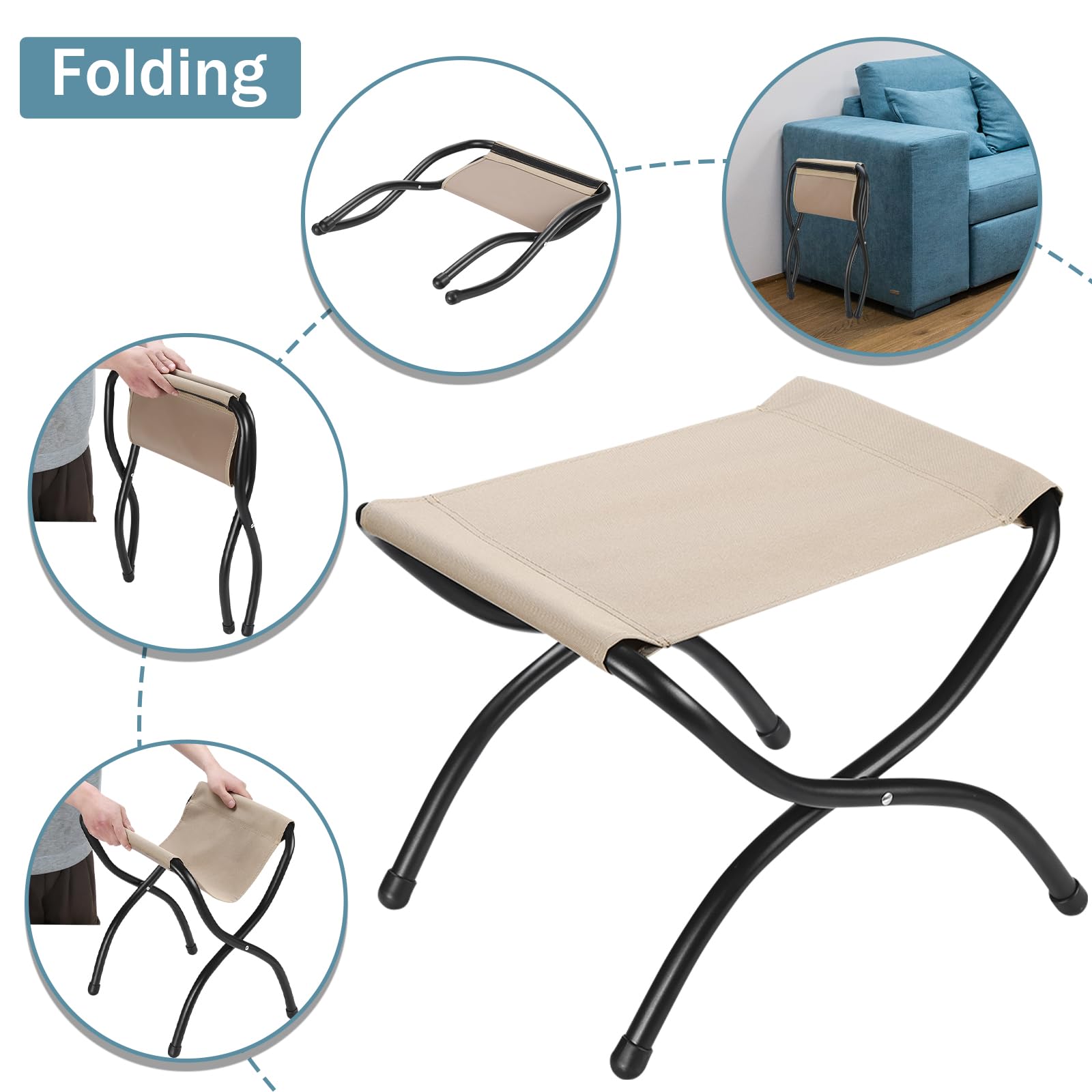 WELL-STRONG 15" Folding Foot Stool for Patio, Small Accent Outdoor Ottoman, Metal Frame Foldable Foot Rest, Upholstered Morden Folding Footstool for Home Living Room Bedroom Washable Khaki