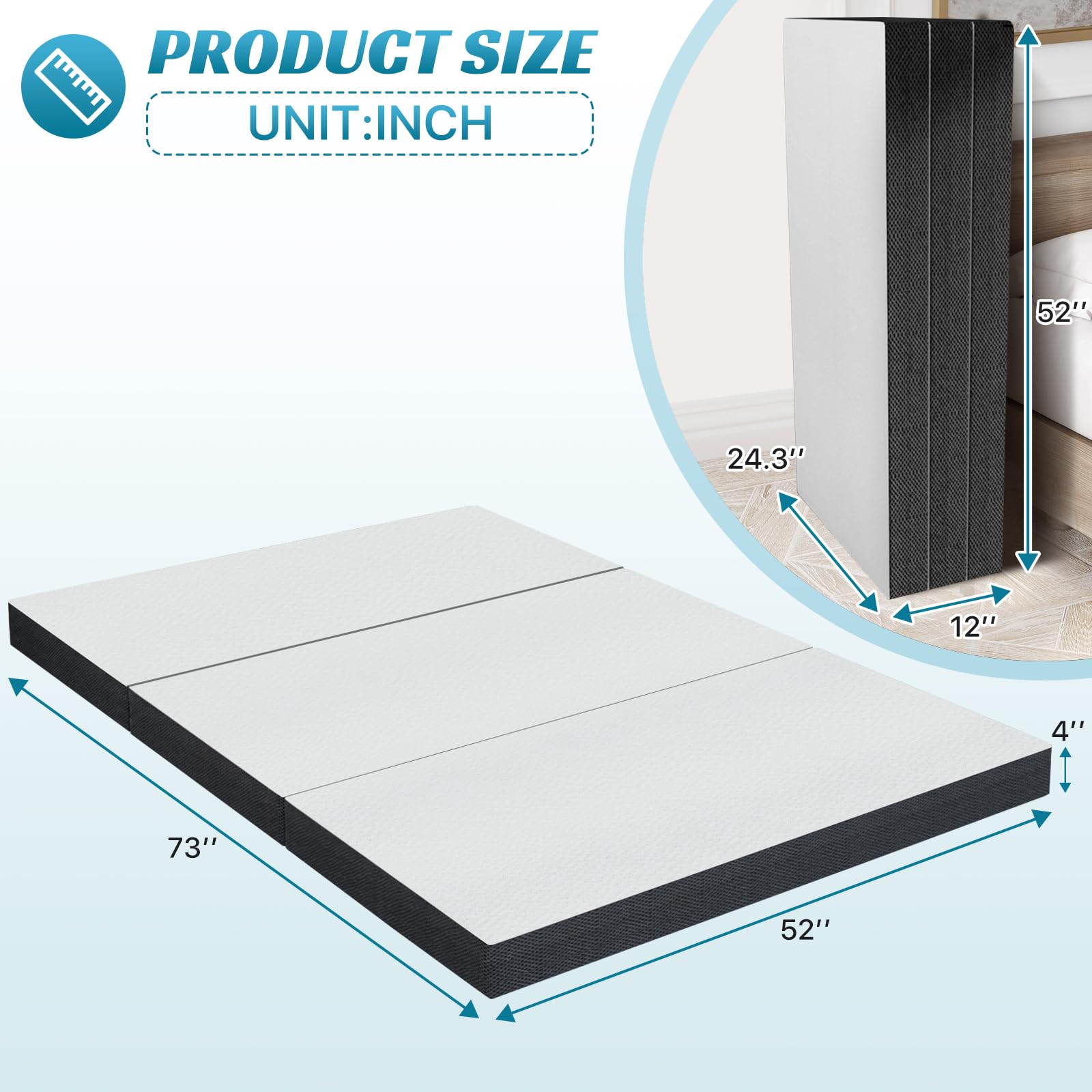 Dkelincs 4 Inch Folding Mattress Trifold Memory Foam Mattress Topper Portable Foldable Mattress for Camping, Guest, Yoga, White(Full Size, 73X52X4)