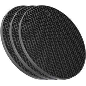 ultra thick 8mm silicone trivets for hot dishes pots and pans, silicone trivet mat hot plates to protect table, silicone hot pads for kitchen counter, pot holders, black trivet set of 3