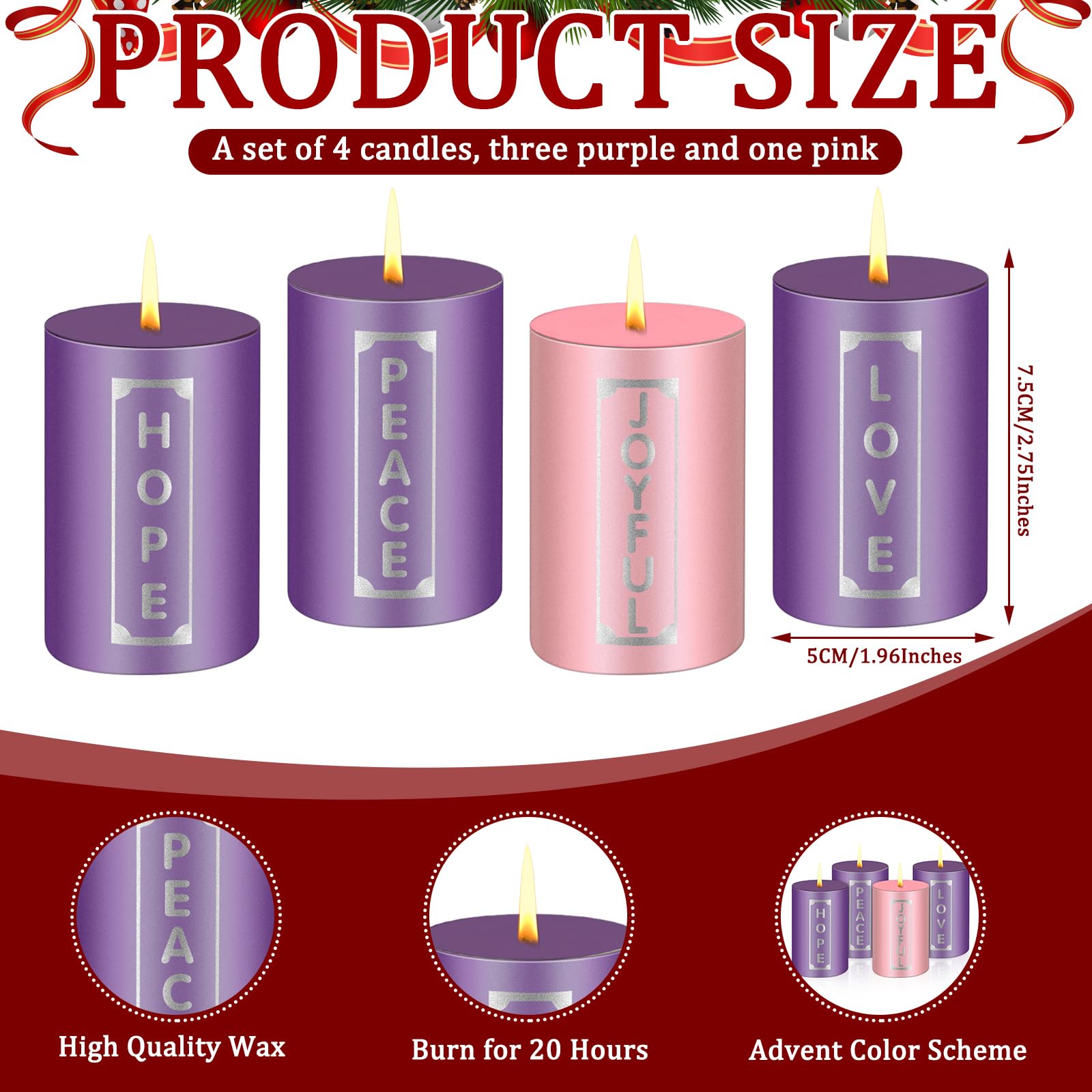 MTLEE Set of 4 Christmas Advent Candles with Words Pillar Candles Advent Wreath Candles for Adult Home Wedding Advent Rings Wreaths Church Receptions Celebrations, Purple Pink (2 x 3'')