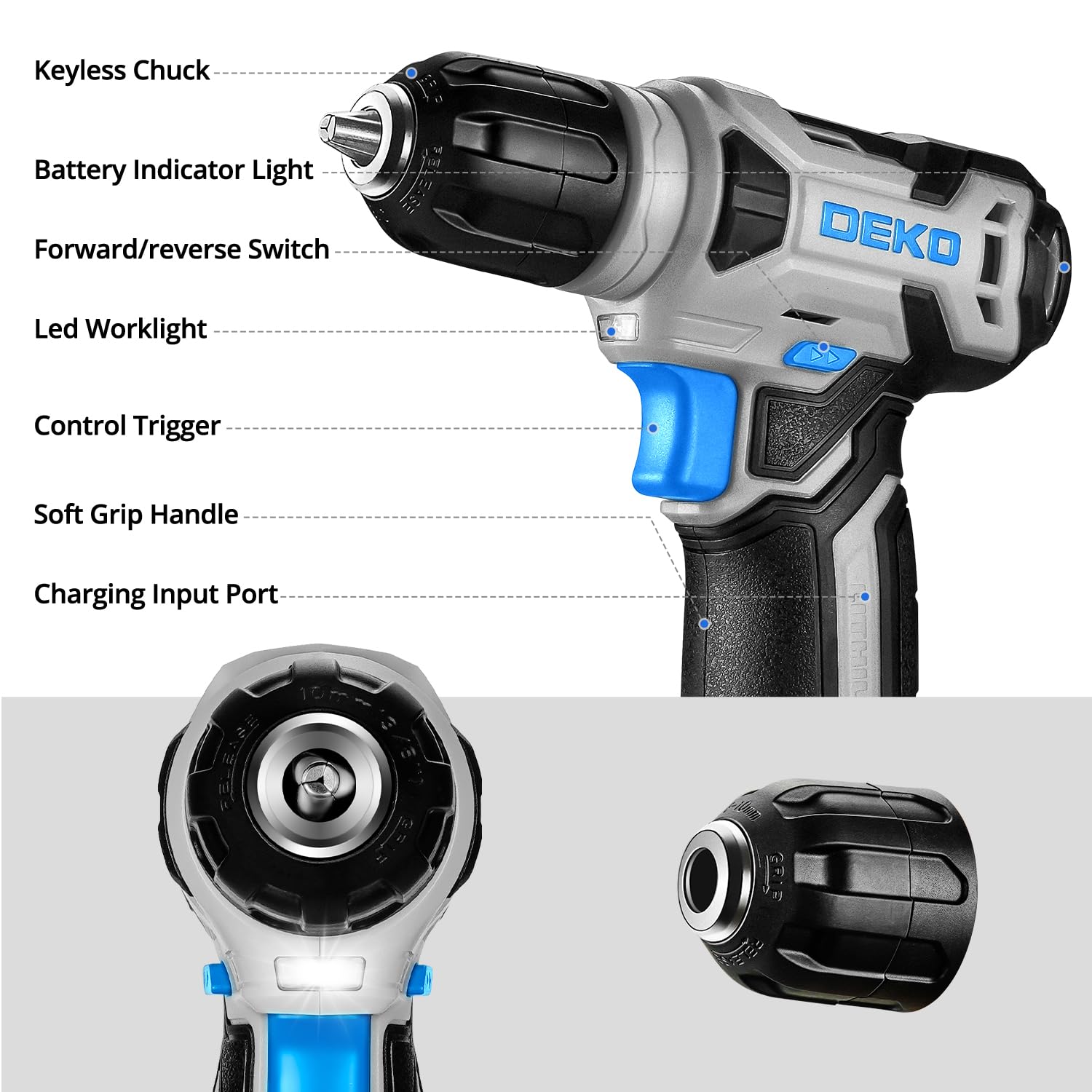 DEKOPRO Drill Set: Tool Set with 8V Blue Cordless Drill, Home Tool Kit with Drill, Hand Tool Kits for Women 126 Piece