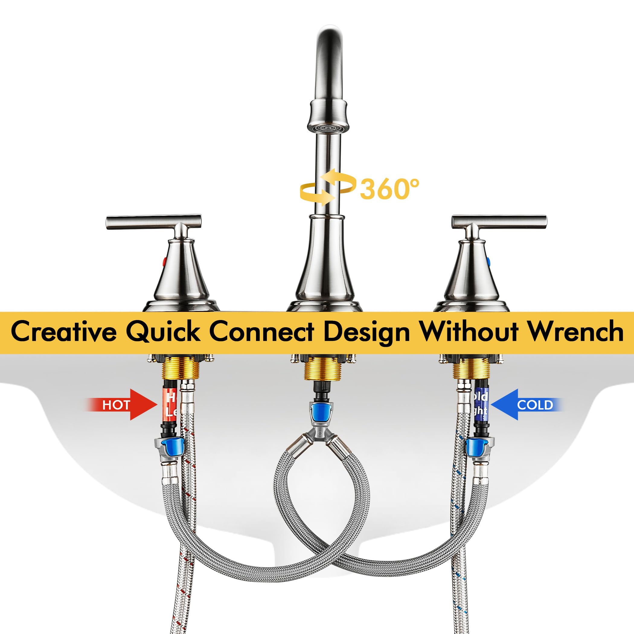 Fransiton 8 Inch Widespread Bathroom Sink Faucet 3 Hole, Brushed Nickel Bathroom Faucet with Metal Pop-Up Drain Assembly, Bathroom Vanity Faucet, 2 Handle and cUPC Faucet Supply Hoses for Sink