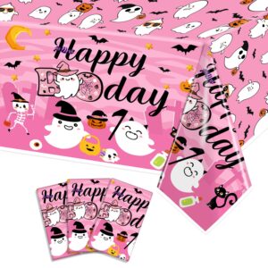 larrazabal 3pcs happy boo day tablecloth, pink halloween plastic tablecloth disposable ghost theme table cover for halloween birthday party supplies, 54 x 108 inch