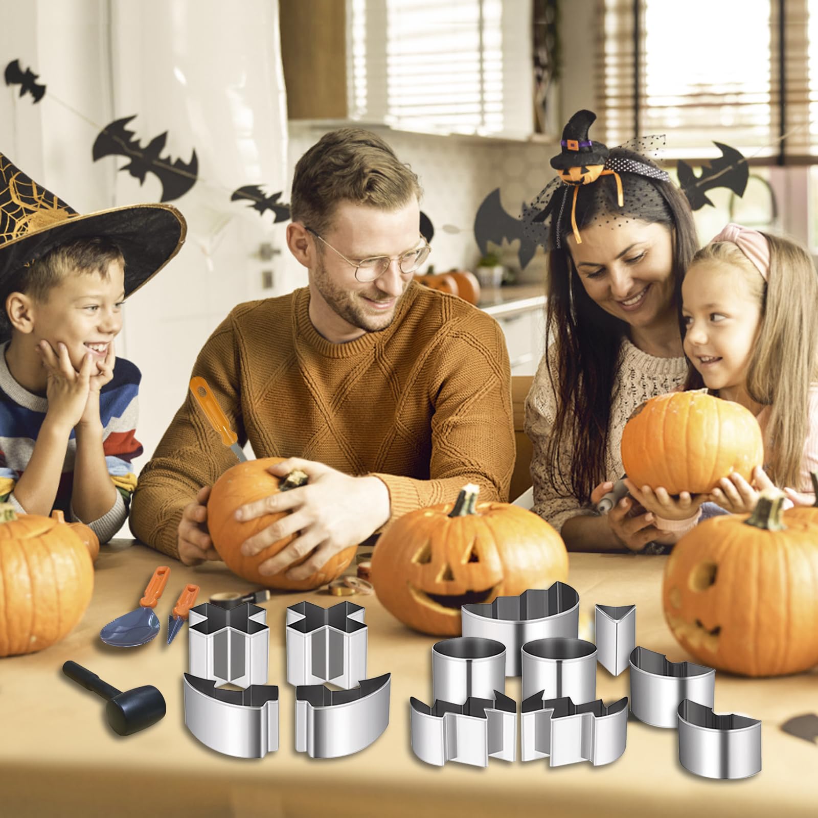 AHCSMRE 16Pcs Pumpkin Carving Kit Halloween Pumpkin Carving Tools Set,Heavy Duty Stainless Steel Carving Stencils with Hammer,Safe and Professional Pumpkin Carving Tool for Kids and Adults