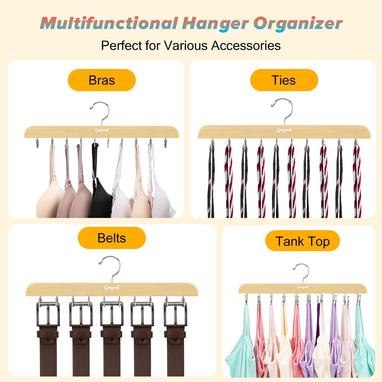 Gomyrod Bra Hanger for Closet, Tank Top Hanger 2 Pack w/20 Hooks Holds 40 Bras, Capacity Foldable Wood Space Saving Hanger, 360°Rotating Closet Organizers and Storage for Dorm & Apartment