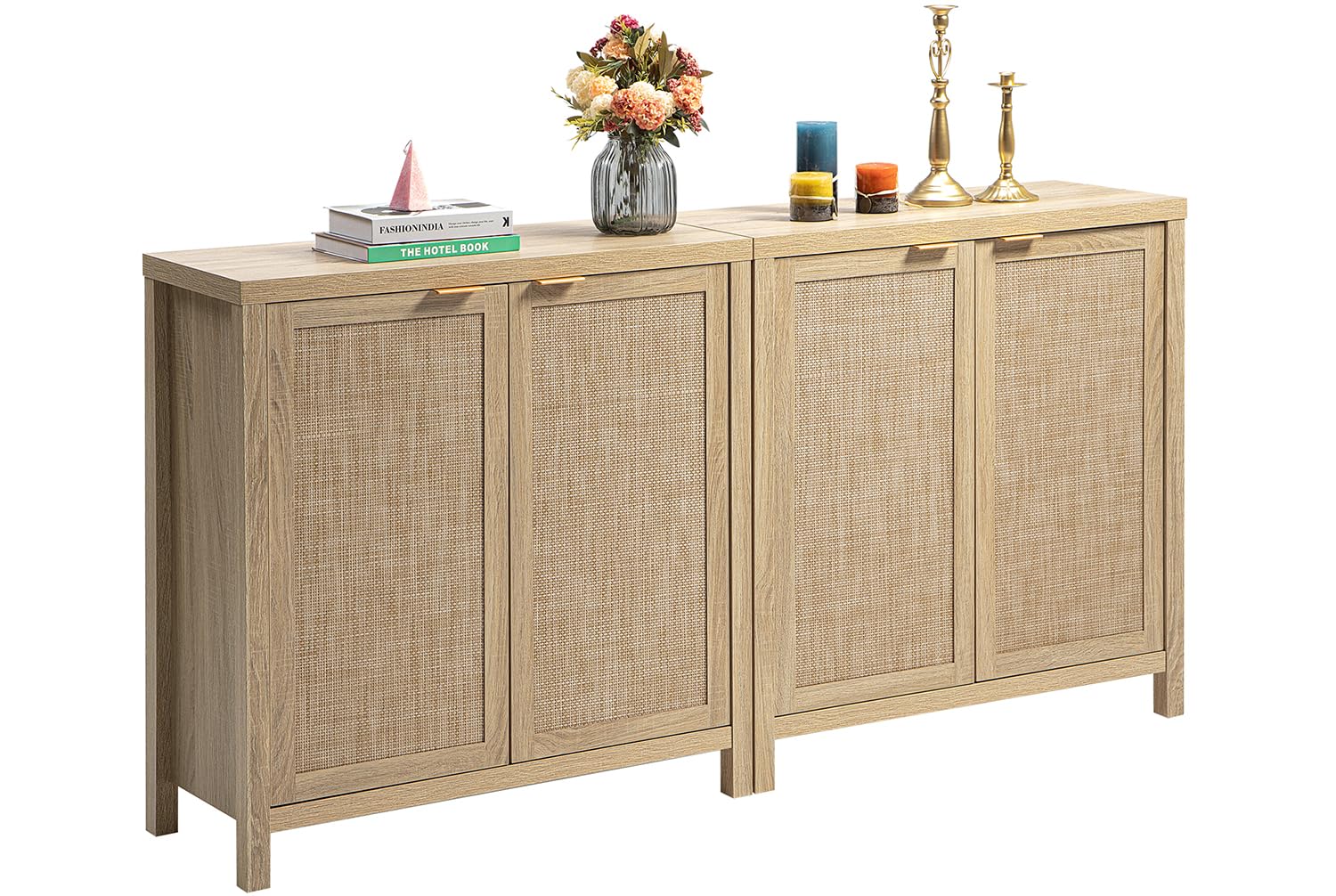 SICOTAS Credenza Sideboard Buffet Rattan Cabinet - Boho Large Kitchen Storage Cabinet with Rattan Storage - Wood Cabinet Buffet Console Table for Dining Room Hallway - 2 Pieces (Natural)