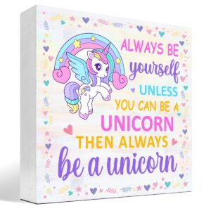 always be yourself unless you can be a unicorn inspirational wood block sign desk decor,cute unicorn wooden box plaque sign desk decor for nursery girls room bedroom playroom decorations