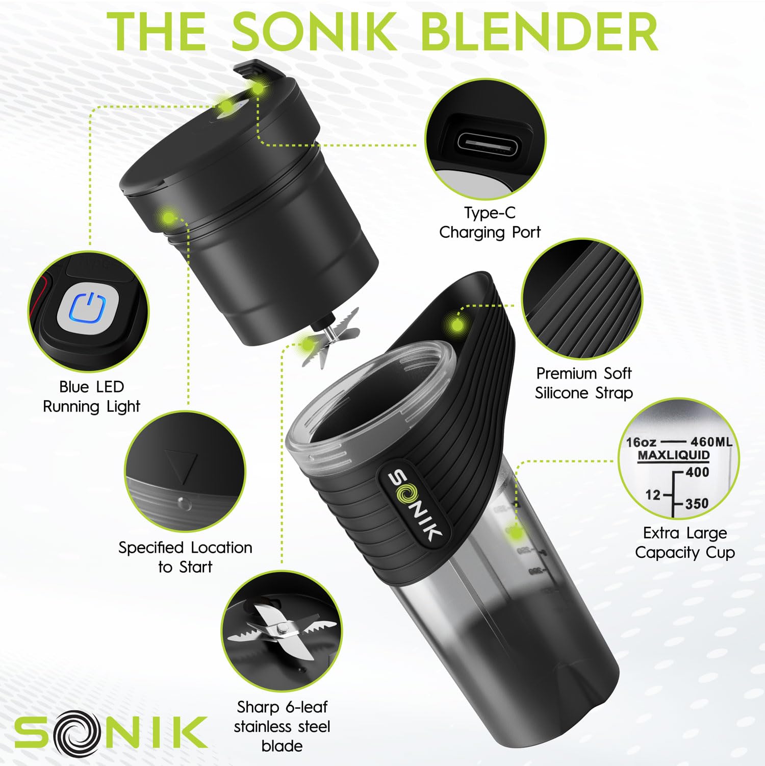 Sonik Portable Blender for Shakes and Smoothies with 6 Ultra Sharp Blades, Powerful 16 OZ Personal Sized Blender Perfect For Traveling, BPA Free and USB Rechargeable (Black)