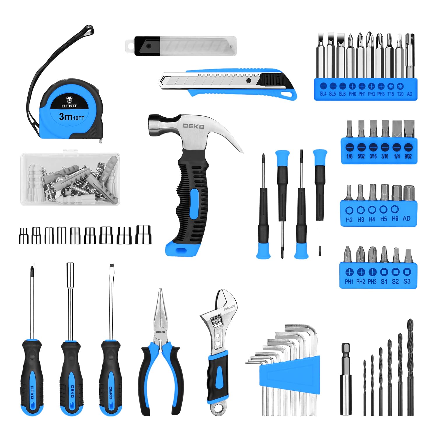 DEKOPRO Drill Set: Tool Set with 8V Blue Cordless Drill, Home Tool Kit with Drill, Hand Tool Kits for Women 126 Piece