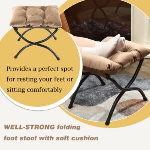 WELL-STRONG 15" Folding Foot Stool for Patio, Small Accent Outdoor Ottoman, Metal Frame Foldable Foot Rest, Upholstered Morden Folding Footstool for Home Living Room Bedroom Washable Khaki