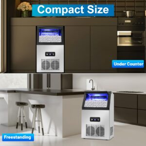 Commercial Ice Maker Machine 130Lbs/24H with 2 Water Inlet Modes, 36Pcs Ice Cubes in 8-15 Mins, Stainless Steel Under Counter/Freestanding Ice Machine with 28Lbs Storage Bin for Home/Shop/Office/Bar