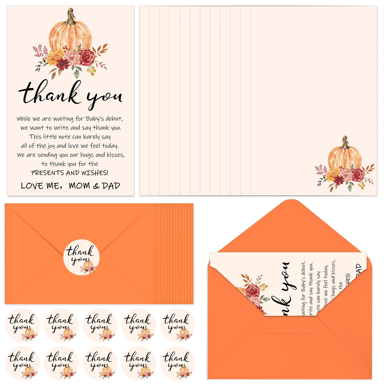 Cholemy 50 Set Fall Baby Shower Thank You Cards Bulk Autumn Leaves Pumpkin Thank You Note Cards with Envelopes Stickers Thanksgiving Blank Greeting Cards for Wedding Baby Shower