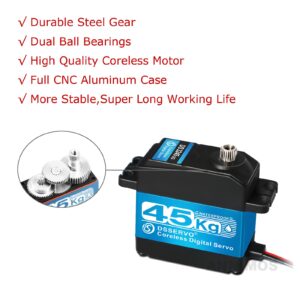 ANNIMOS 45KG High Torque Servo 8.4V Coreless RC Steering Servo Motors Stainless Steel Gear Low Profile Waterproof for 1/8 1/10 1/12 Scale Cars DIY Robotic - 180 Degree