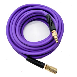 syxqt hybrid air hose(pvc) 1/4-inch x 25ft， 300 psi heavy duty, lightweight, kink resistant, all-weather flexibility with 1/4-inch industrial air fittings and bend restrictors,purple