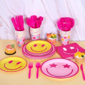 durony 210 Pieces Preppy Smiley Face Party Tableware Set Paper Smile Face Plates Napkins Paper Cups Cutlery for Preppy Birthday Party Supplies Baby Shower Decor, Serve 30 Guest