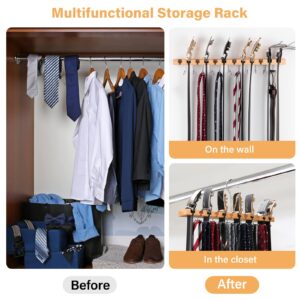 Wooden Tie Rack Tie Hanger 23 Storage, Belt Hanger for Closet 2 in 1 Wooden Wall Mount 12 Belts Rack + 11 Ties Organizer, Belt Rack w/ 360° Swivel Hook, Tie and Belt Organizer Display Presentfor Men