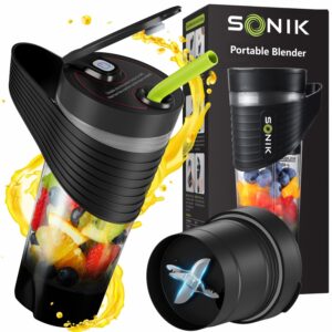 sonik portable blender for shakes and smoothies with 6 ultra sharp blades, powerful 16 oz personal sized blender perfect for traveling, bpa free and usb rechargeable (black)