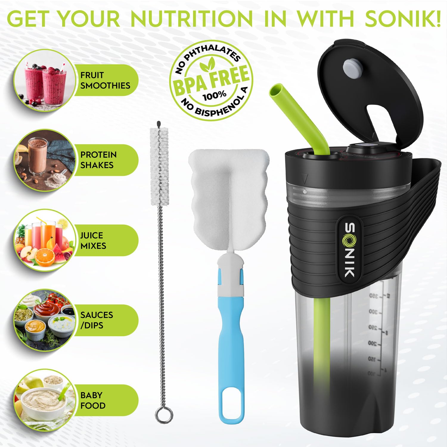 Sonik Portable Blender for Shakes and Smoothies with 6 Ultra Sharp Blades, Powerful 16 OZ Personal Sized Blender Perfect For Traveling, BPA Free and USB Rechargeable (Black)