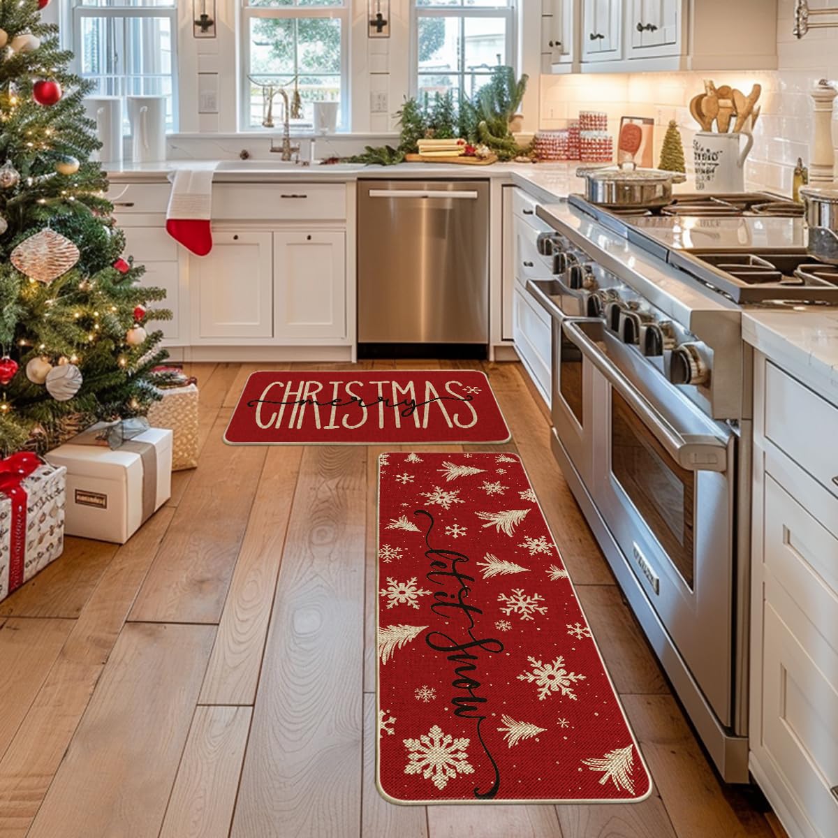 Artoid Mode Xmas Trees Snowflake Let It Snow Merry Christmas Kitchen Mats Set of 2, Winter Decor Low-Profile Kitchen Rugs - 17x29 and 17x47 Inch