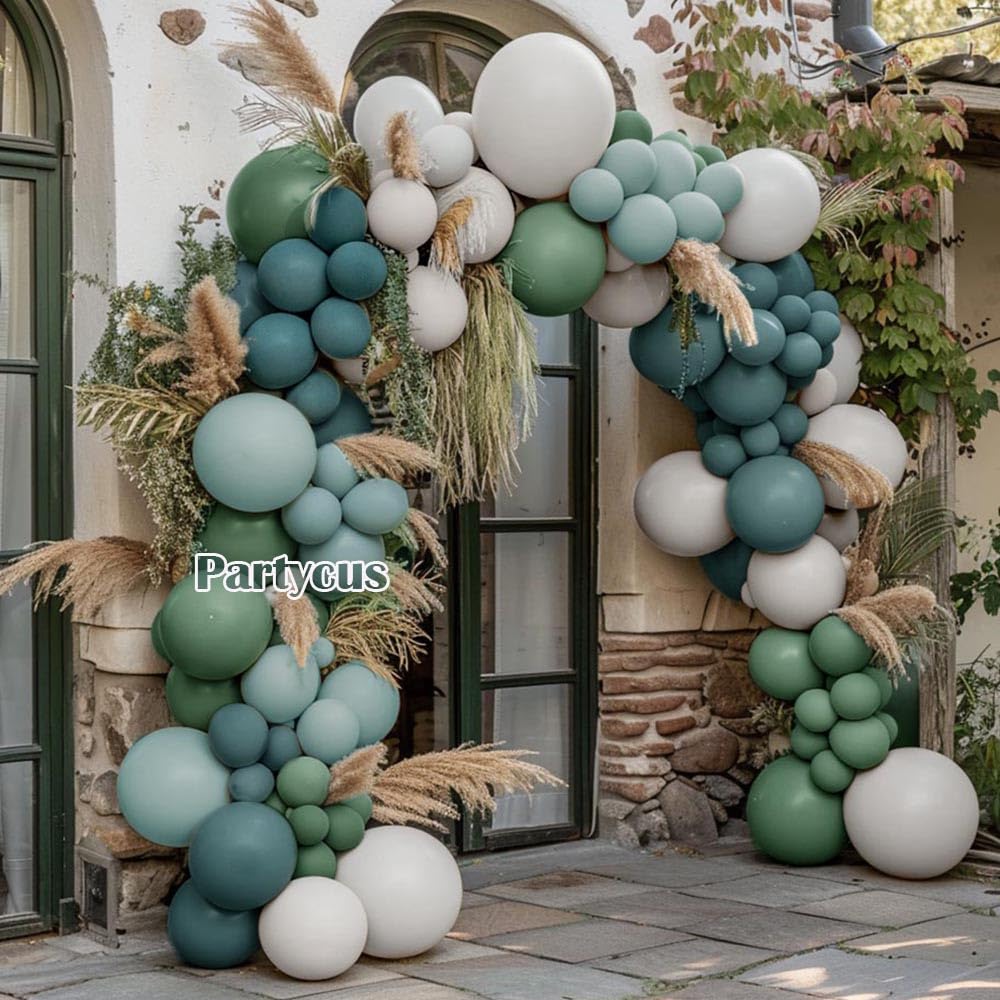 Dusty Blue and Green Balloon Garland - Double Stuffed Sage Green Teal White Matte Balloons Olive Slate Blue Boho Balloon Arch Kit for Baby Shower Neutral Birthday Bridal Party Decoration