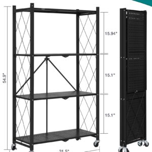 ALANNG Storage Shelves with Wheels, Bookshelf with Storage, No Assembly Metal Rack Shelf for Kitchen, Office, Laundry, Garage (4 Tier, Black)