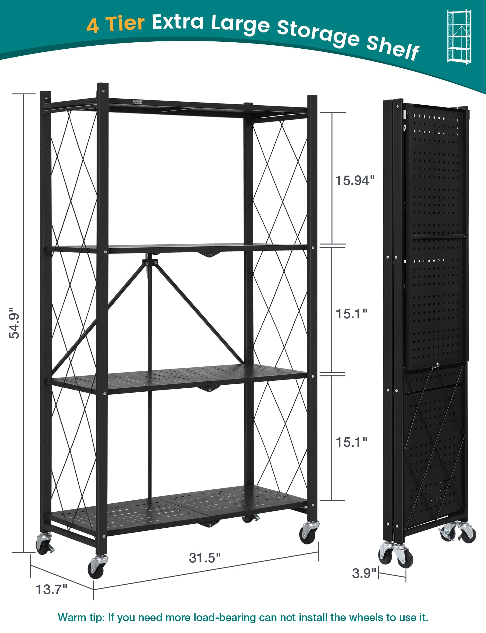 ALANNG Storage Shelves with Wheels, Bookshelf with Storage, No Assembly Metal Rack Shelf for Kitchen, Office, Laundry, Garage (4 Tier, Black)