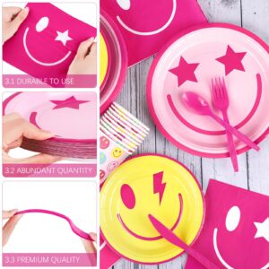 durony 210 Pieces Preppy Smiley Face Party Tableware Set Paper Smile Face Plates Napkins Paper Cups Cutlery for Preppy Birthday Party Supplies Baby Shower Decor, Serve 30 Guest