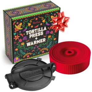 uno casa cast iron tortilla press 8 inch with tortilla warmer - bundle of pre-seasoned quesadilla, roti and pataconera maker with taco shell warmer including 100 pcs parchment paper