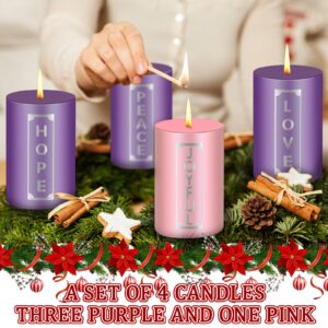 MTLEE Set of 4 Christmas Advent Candles with Words Pillar Candles Advent Wreath Candles for Adult Home Wedding Advent Rings Wreaths Church Receptions Celebrations, Purple Pink (2 x 3'')