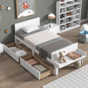 dolonm twin bed frames for kids with 2 drawers, storage platform bed with footboard bench, twin kids bed headboard frame pine wood, high stable, no box spring needed, twin bed for kids, white