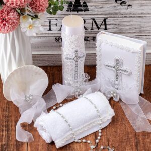 5 pcs baptism candle set for boys girls included candle baptismal devotional candle, baptism towel, rosary, bible, shell kit with pearls details for christenings favor (cross,silver)