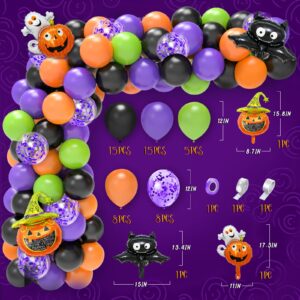 Halloween Birthday Party Decorations, Halloween Themed Birthday Party Decorations with Purple Orange Balloons Garland Happy Birthday Backdrop Tablecloth Spider Web for Halloween Boo Day Decorations