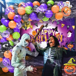 Halloween Birthday Party Decorations, Halloween Themed Birthday Party Decorations with Purple Orange Balloons Garland Happy Birthday Backdrop Tablecloth Spider Web for Halloween Boo Day Decorations