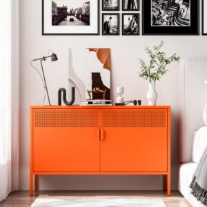 washsemba 2 door metal accent cabinet,orange metal storage cabinet with adjustable shelf,2-tier office cabinet,multipurpose metal locker storage cabinet for office home,music studio (orange)