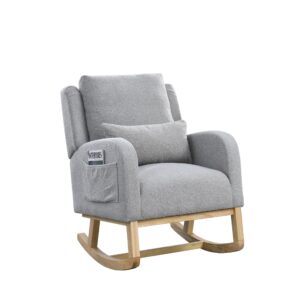 Rocking Chair Nursery with Pillow, Nursery Rocking Chairs in Teddy Fabric with Wingback & Armrest, Built-in 2 Side Pockets, Comfy Nursery Glider Nursing Chair Armchair for Living Room, Bedroom, Grey