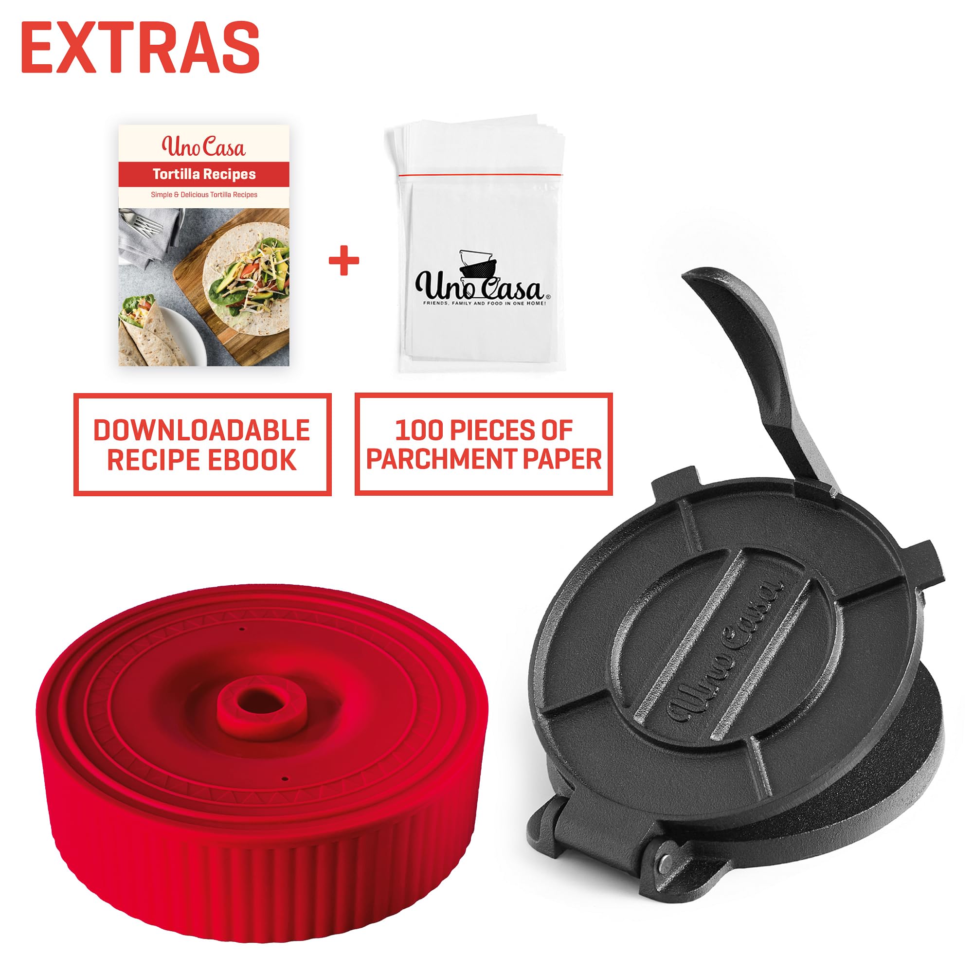 Uno Casa Cast Iron Tortilla Press 8 Inch with Tortilla Warmer - Bundle of Pre-seasoned Quesadilla, Roti and Pataconera Maker With Taco Shell Warmer including 100 Pcs Parchment Paper