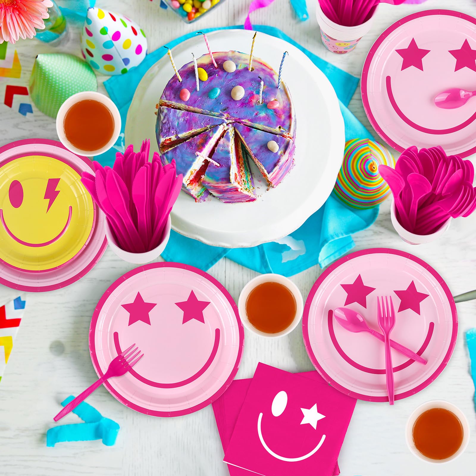 durony 210 Pieces Preppy Smiley Face Party Tableware Set Paper Smile Face Plates Napkins Paper Cups Cutlery for Preppy Birthday Party Supplies Baby Shower Decor, Serve 30 Guest