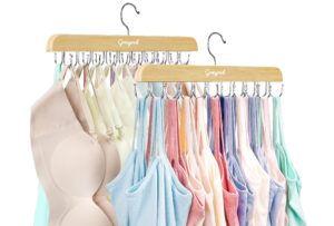 gomyrod bra hanger for closet, tank top hanger 2 pack w/20 hooks holds 40 bras, capacity foldable wood space saving hanger, 360°rotating closet organizers and storage for dorm & apartment